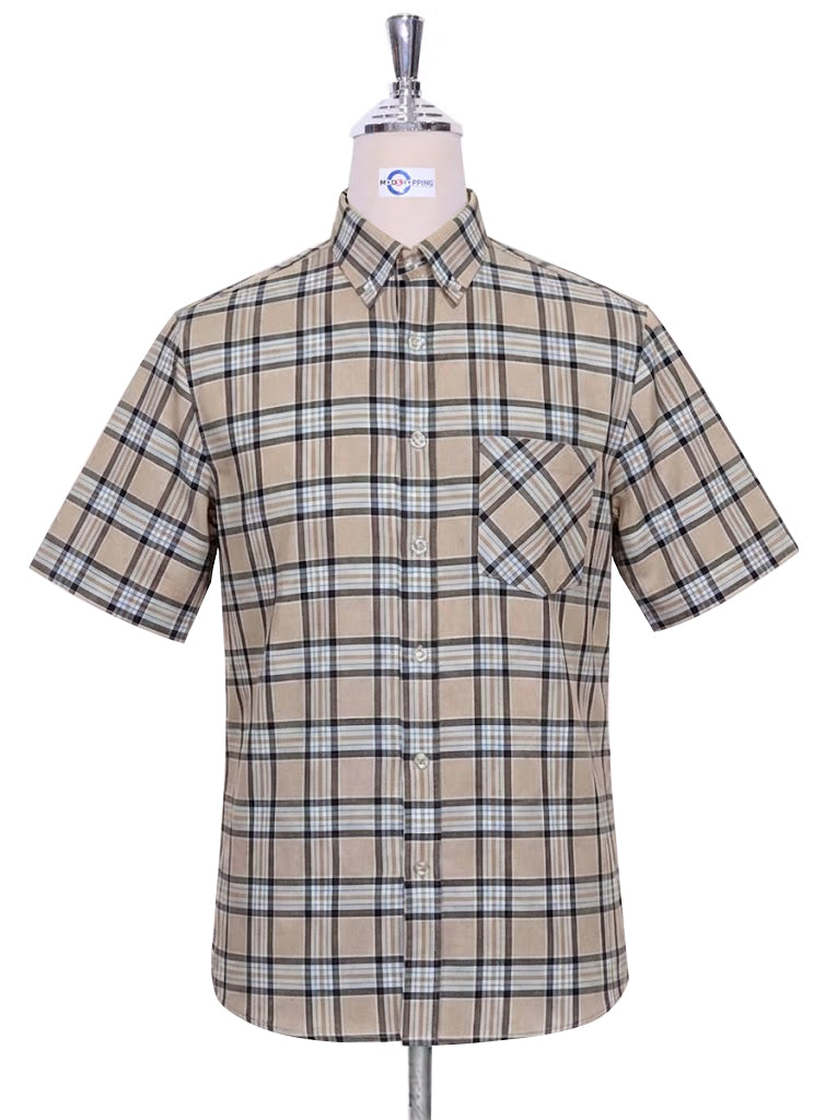 Brown Prince of Wales Check Short Sleeve Button-Down Shirt ...