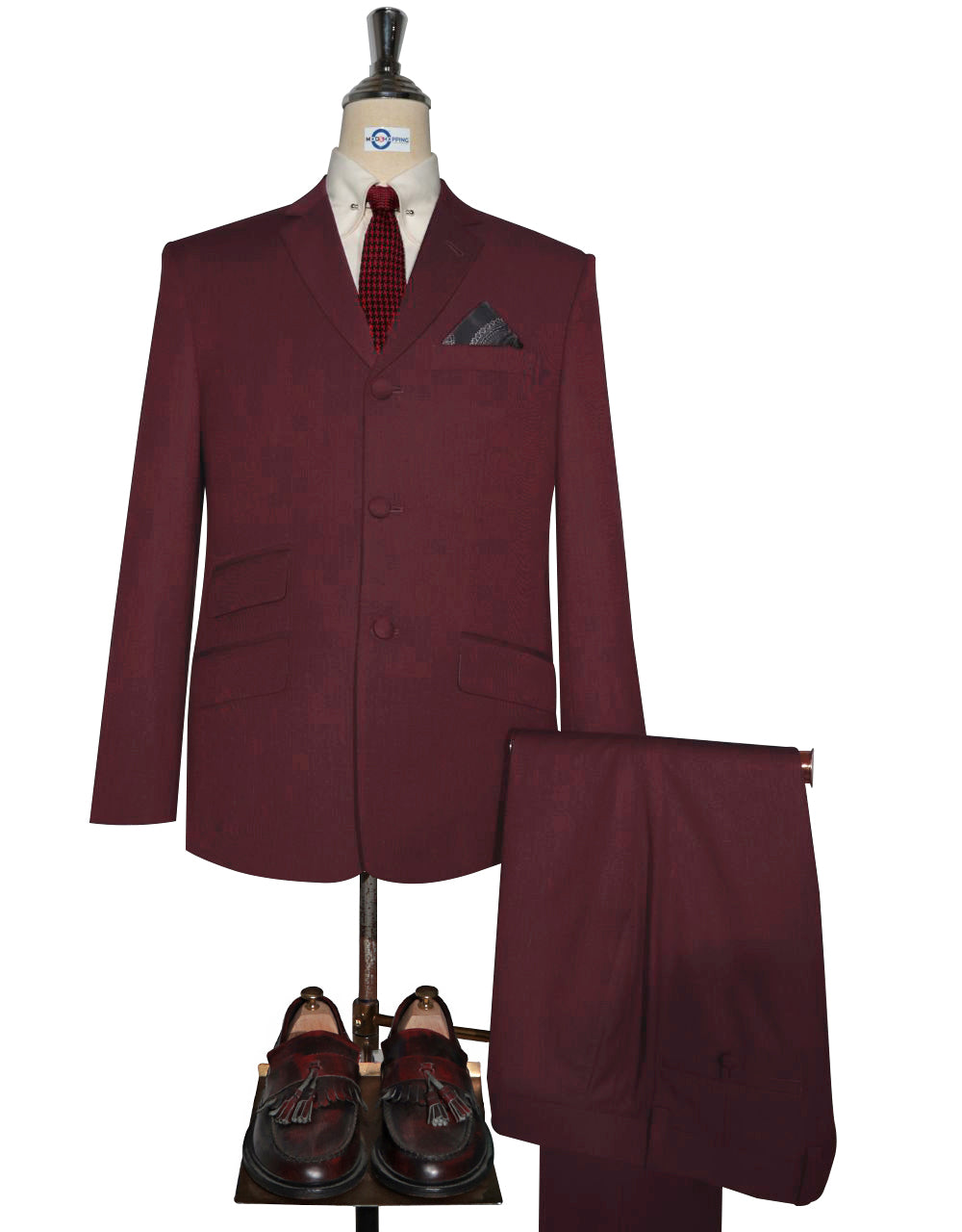 Burgundy Birdseye Mod Suit – Retro 1960s Men’s Suit – Modshopping Clothing