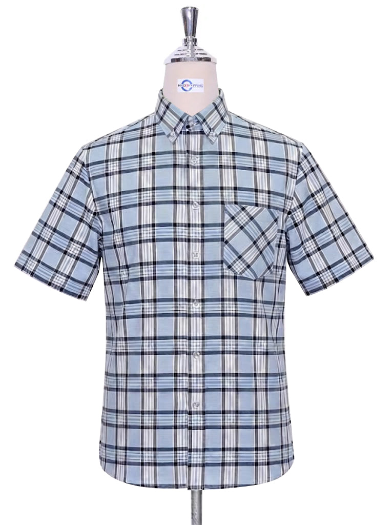 Sky Blue Prince of Wales Check Short Sleeve Button-Down Shirt ...